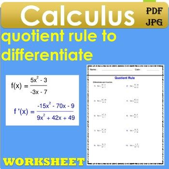 Calculus Quotient Rule Worksheets Quotient Rule To Differentiate Functions