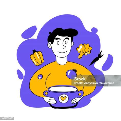 벡터는 요리 남자의 그림을 그렸다 냄비 스튜 냄비 수프 스튜 야채 요리 피망 브로콜리 당근 토마토 채식주의 자 음식 저녁 식사 주방 개념 평면 드로잉 스타일 Eps10