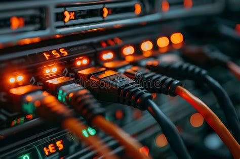 Close Up Of Connected Internet Cables With Glowing Network Equipment Concept Of Data