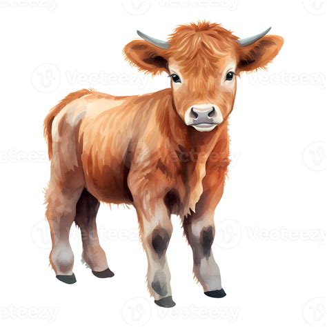 Cute Baby Highland Cow Watercolor Ai Generative Png