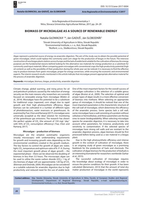 PDF Biomass Of Microalgae As A Source Of Renewable Energy