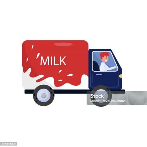 미소 남자 운전 우유 트럭 배달 서비스입니다 저장 하는 공장에서 낙농 제품의 운송입니다 평면 벡터 디자인 교통수단에 대한 스톡 벡터 아트 및 기타 이미지 Istock