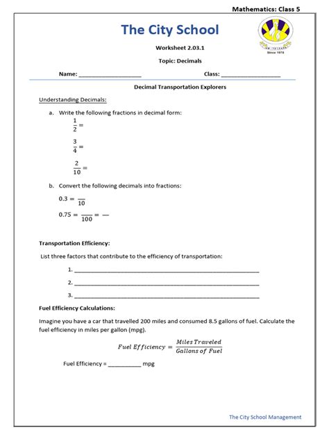 Mathematics Class 5 Worksheet 3 1 Pdf