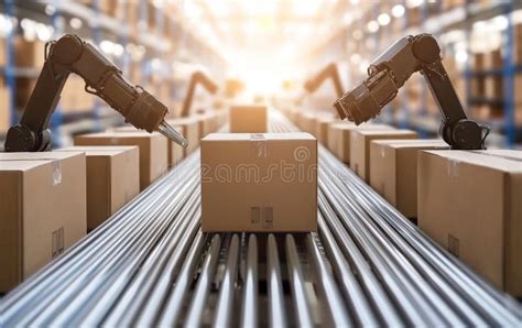 Robotic Arms Working On A Conveyor Belt With Cardboard Boxes In A Modern Automated Warehouse
