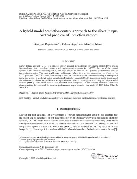 Pdf A Hybrid Model Predictive Control Approach To The Direct Torque