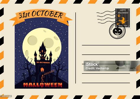 우표 배경 디자인해피 할로윈 엽서 초대 템플릿 벡터 격리 배너 포스터 10월에 대한 스톡 벡터 아트 및 기타 이미지 10월 가을 검은색 Istock