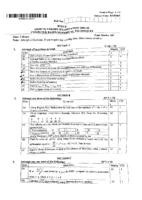 Btech Oe 6 Sem Computer Based Numerical Techniques Koe065 2022