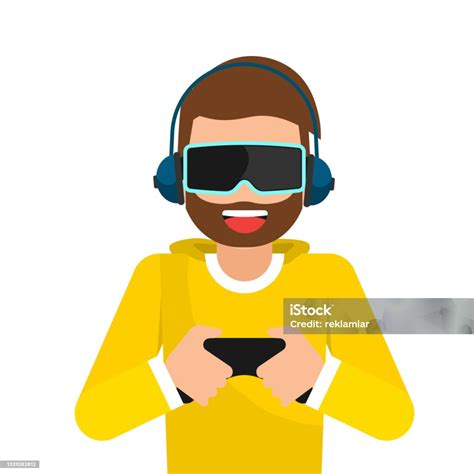 가상 3d 현실 시뮬레이션 게임을 헤드폰젊은 남자 디지털 엔터테인먼트 벡터 개념 참신한 게임 장치 가상 현실 차세대 게임 일러스트레이션 게이머에 대한 스톡 벡터 아트 및