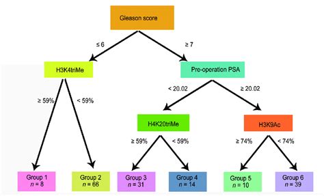 six distinct prognostic groups classified by recursive partitioning