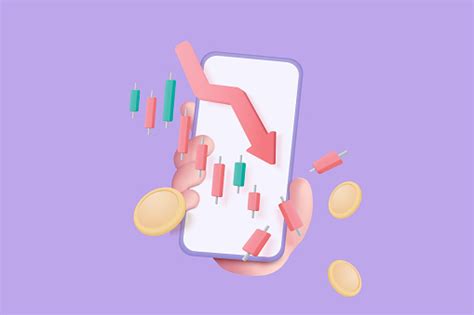 돈 동전의 3d 더미와 손을 잡고있는 휴대 전화에 급락하는 그래프 비즈니스 실패 개념 금융 투자를위한 3d 돈 표현 3d 거래 아이콘 벡터 렌더링 일러스트 레이 션 데이터에