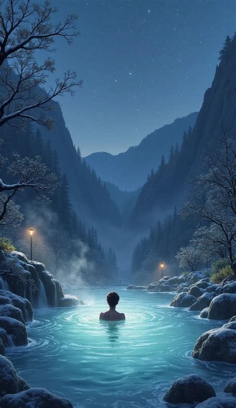 景観の美しい夜の温泉 Seaart Ai