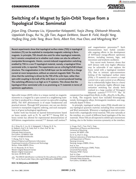 Pdf Switching Of A Magnet By Spin‐orbit Torque From A Topological Dirac Semimetal