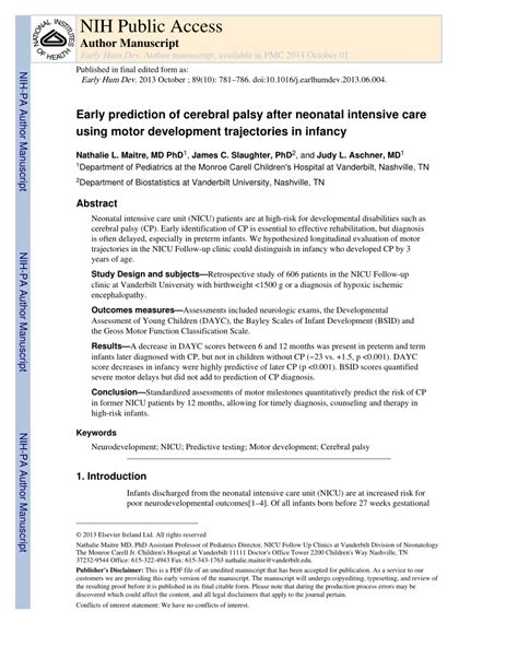 Pdf Early Prediction Of Cerebral Palsy After Neonatal Intensive Care Using Motor Development