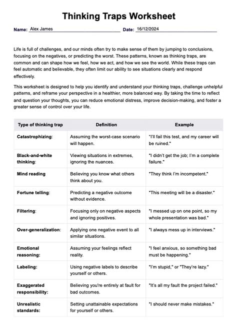 Thinking Traps Worksheet & Example | Free PDF Download