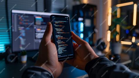 Detailed Screen Mockup On A Smartphone Held By A Developer With Coding Screen In The Background