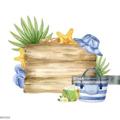 해변 나무 간판입니다 빌보드 해변 슬리퍼 모래 가방 선글라스 파나마 모자 바다 불가사리 플루메리아 야자수 잎 수채화 그림입니다 격리 엽서 마케팅 초대장 도착에 대한 스톡