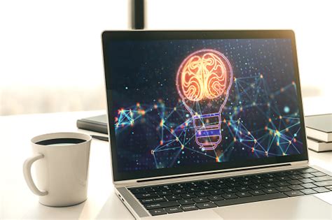현대 노트북 모니터 인공 지능 및 신경망 개념에 인간의 뇌 홀로그램창조적 인 전구 3d 렌더링 파란색에 대한 스톡 사진 및 기타 이미지 Istock