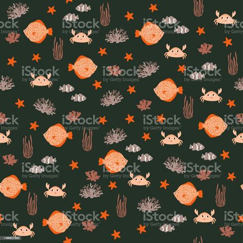 넙치 게 해초 불가사리 흰동가리가 있는 벡터 원활한 패턴 수중 만화 생물 해양 배경입니다 직물 아동복 직물 포장지에 대한 귀여운