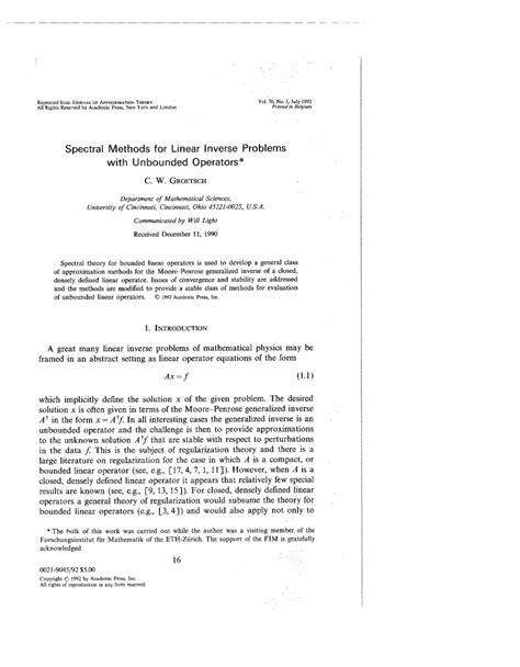PDF Spectral Methods For Linear Inverse Problems With Unbounded Operators