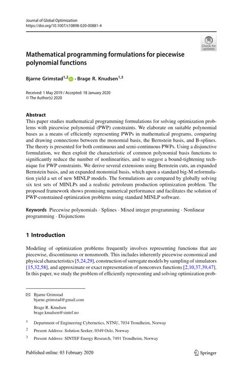 pdf mathematical programming formulations for piecewise polynomial
