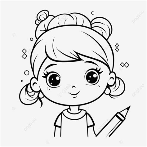 연필로 페이지를 색칠하는 소녀 벡터 기본 간단한 귀여운 만화 연구 개요 흰색 배경에 고립 어린이 색칠 페이지 Png 일러스트 및 벡터 에 대한 무료 다운로드