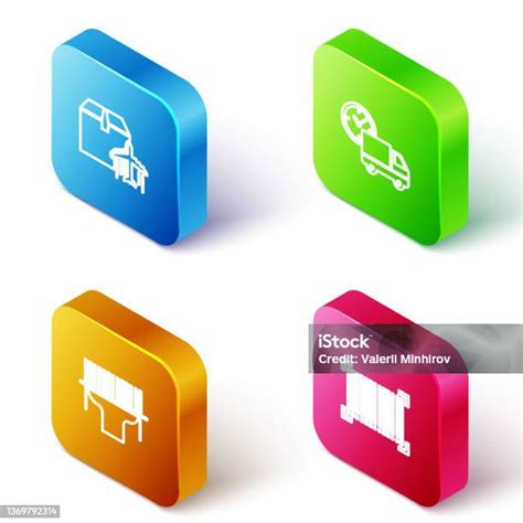 등대화 선 평면 및 골판지 상자 배달 트럭 시계 스캐너 스캐닝 바코드 및 바코드 아이콘을 설정합니다 벡터 3차원 형태에 대한 스톡 벡터 아트 및 기타 이미지 Istock