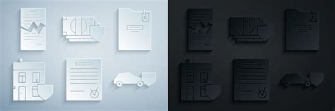 확인 문서 및 확인 표시 개인 폴더 방패가 있는 집 자동차 돈 및 찢어진 계약 아이콘을 설정합니다 벡터 3차원 형태에 대한 스톡