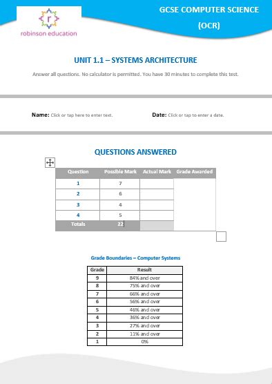 Editable E Class And Test Paper With Answers For GCSE Computer Science Systems Architecture Unit