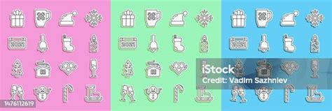 세트 라인 피겨 스케이트 샴페인 한 잔 불타는 촛불 크리스마스 산타 클로스 모자 메리 울리는 종 달력 선물 상자 및 스타킹 아이콘 벡터 검은색에 대한 스톡 벡터 아트 및