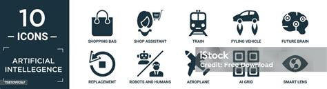 채워진 인공 지능 아이콘 세트입니다 플랫 쇼핑백 상점 조수 기차 Fyling 차량 미래의 두뇌 교체 로봇과 인간 비행기 Ai