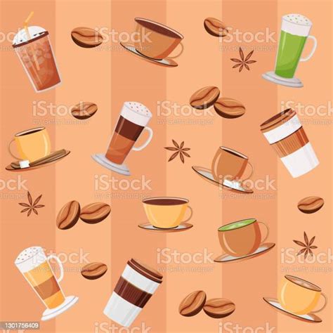 커피 머그잔 플랫 벡터 원활한 패턴 말차 라떼 캐러멜 마끼아토 줄무늬 베이지 색 배경 카푸치노 텍스처와 만화 색상 아이콘 휴일 뜨거운 음료 포장 지 벽지 디자인 계피에 대한