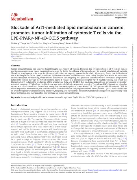 Pdf Blockade Of Arf1 Mediated Lipid Metabolism In Cancers Promotes