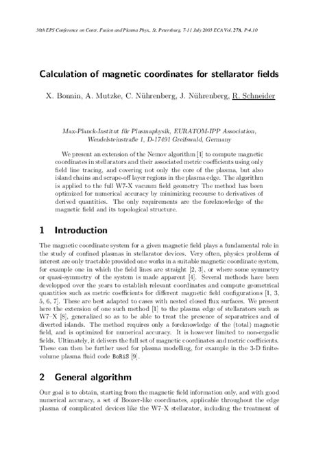 Pdf Calculation Of Magnetic Coordinates For Stellarator Fields