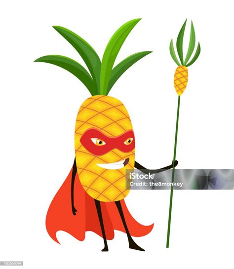 귀여운 만화 웃는 파인애플 슈퍼 히어로 마스크와 레드 케이프 다채로운 인간 화 과일 문자 벡터 일러스트 레이 션 건강한 생활