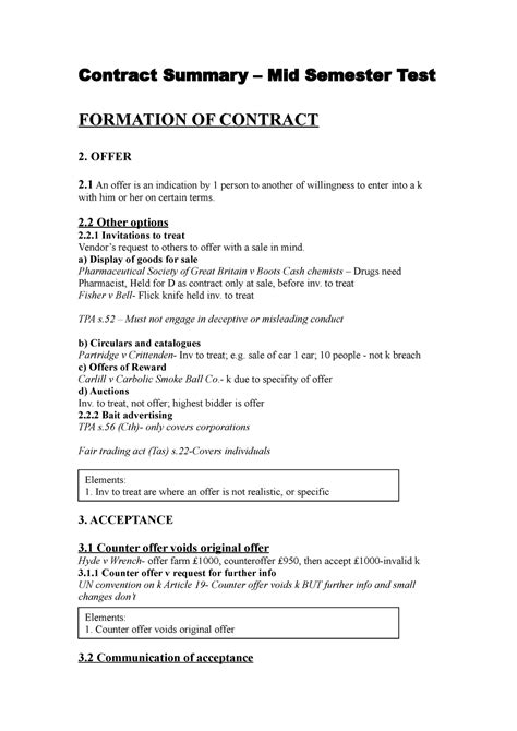Real Contract Summary Contract Summary Mid Semester Test FORMATION OF CONTRACT 2 OFFER 2 An