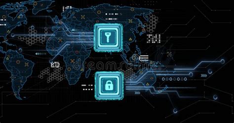 Animation Of Circuit Board Key And Padlock Icon And Network Of Connections Over World Map Stock