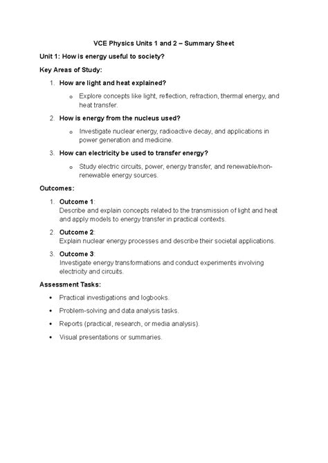 Unit 1 And 2 Summary VCE Physics Units 1 And 2 Summary Sheet Unit 1 How Is Energy Useful To