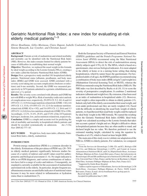 Pdf Geriatric Nutritional Risk Index A New Index For Evaluating At Risk Elderly Medical Patients