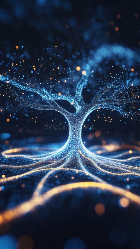 Glowing Digital Tree With Particle Lights On Dark Background