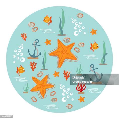 해양 수중 라이프 스타일 수영 금 이국적인 물고기와 바다 별 해상 로프와 앵커 산호 바다 식물이있는 수중 수족관 서식지 플랫 벡터 그려진 그림 고립 된 개체 개념에 대한