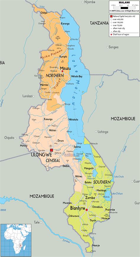 Map Of Malawi Malawi Map With Cities Towns And Regions Ezilon Maps