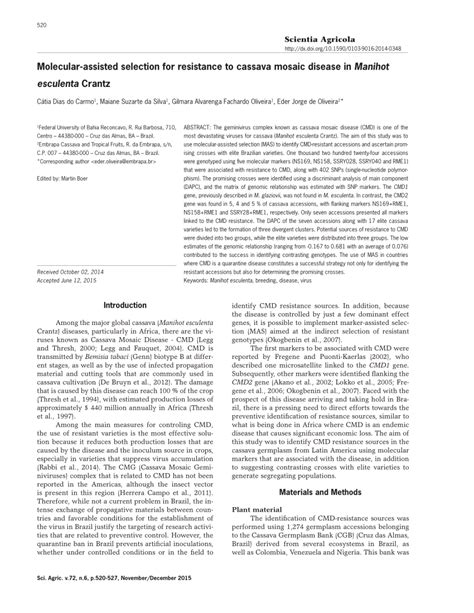 Pdf Molecular Assisted Selection For Resistance To Cassava Mosaic Disease In Manihot Esculenta