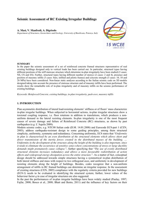 Pdf Seismic Assessment Of Rc Existing Irregular Buildings