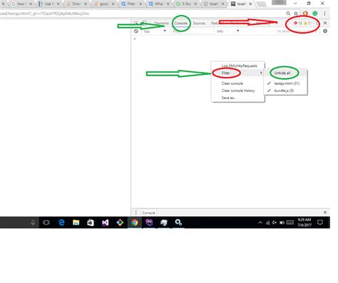 how can i unhide javascript and html errors hidden by filters in chrome