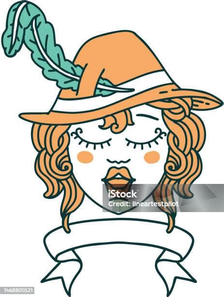 레트로 문신 스타일 배너와 인간의 노래 음유 시인 캐릭터 가수에 대한 스톡 벡터 아트 및 기타 이미지 가수 깃털 머리