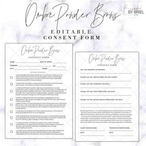 Editable Powder Ombre Brows Consent Form And Aftercare Instructions Etsy