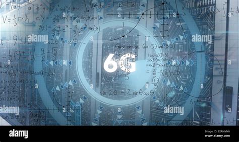 Image Of 6g Text Over Round Scanner And Mathematical Equations Against Computer Server Room