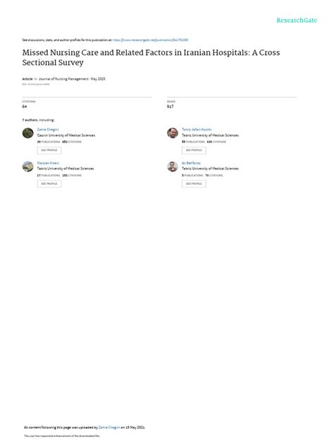 Missed Nursing Care And Related Factors In Iranian Hospitals A Cross Sectional Survey Pdf