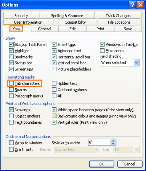 how to show or hide tab characters in word