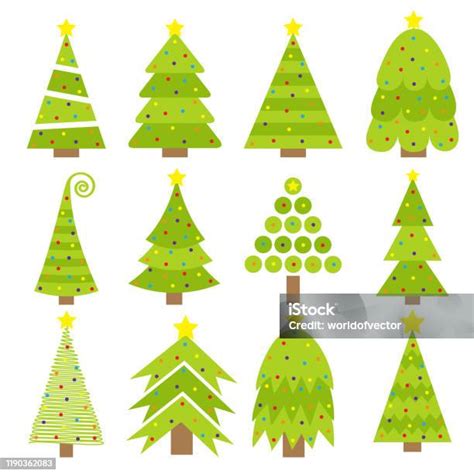 메리 크리스마스 전나무 나무 아이콘 세트입니다 둥근 공 전구 노란 별입니다 귀여운 만화 녹색 다른 삼각형 간단한 모양 의 형태 흰색 배경입니다 격리 플랫 디자인 0명에 대한